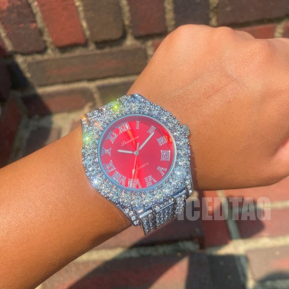 Accessories | Ice Out Red Dial White Gold Pt Luxury Celeb Style Bling ...